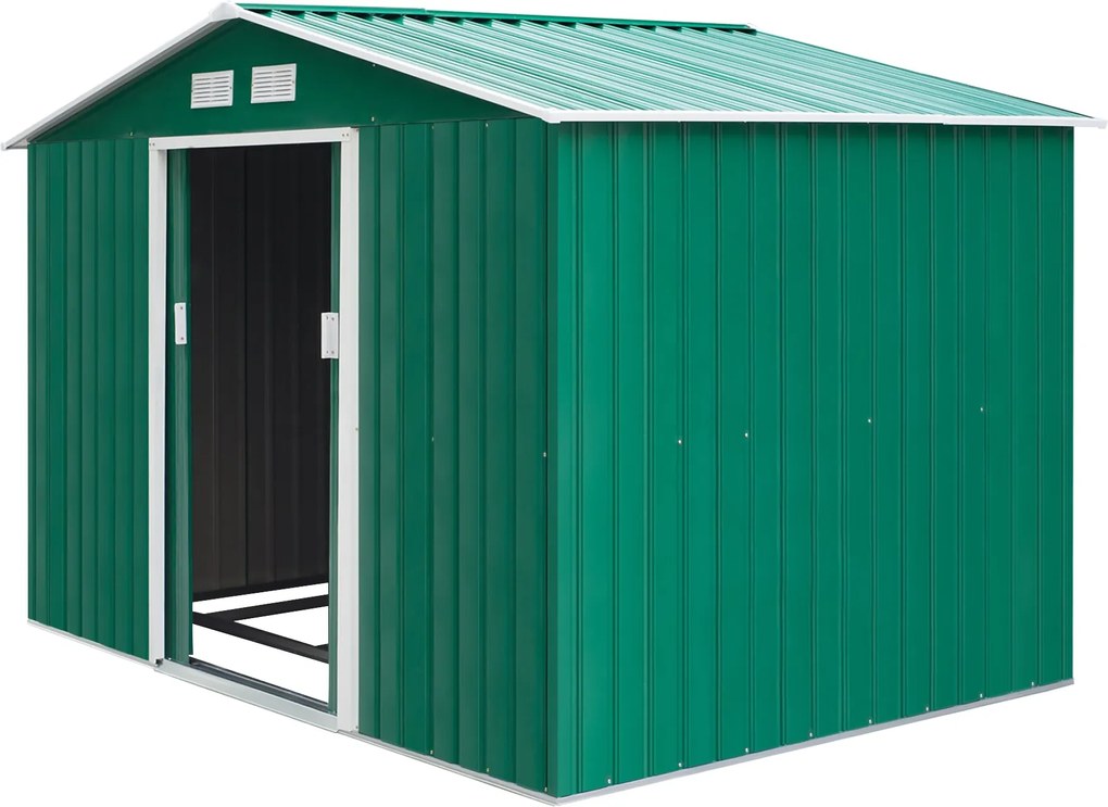 Zahradní shed Outsunny 4,9 m² 277x195x192 cm se skládacími dveřmi a šikmou střechou, zesílený základ (podlaha není součástí) a 4 tmavě zelená okna | A