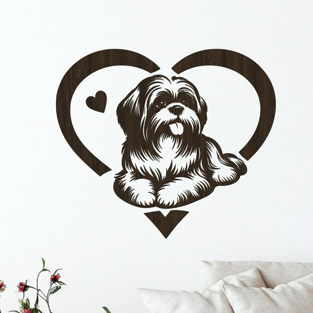 dřevo života Dřevěný obraz ležícího SHIH TZU v srdci Rozměry (cm): 60x52, Zvolte barvu dekoru: Wenge