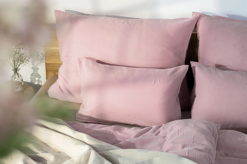 Celoroční mušelínové prodloužené povlečení Soft Pink - GOTS Velikost: 140 x 220 + 70 x 90