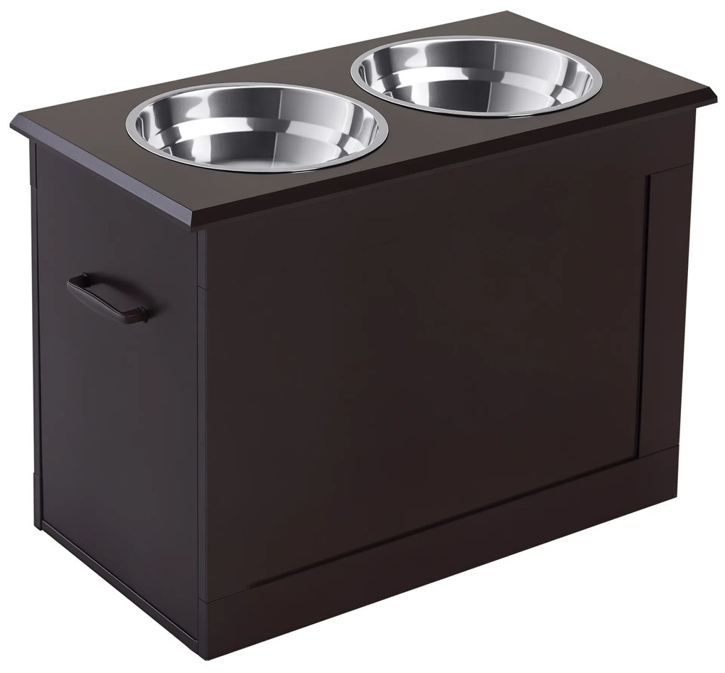 PawHut miska na krmivo pro psy s úložným prostorem 2 misky krmící stanice nerezová miska miska pro kočky MDF nerezová ocel Espresso 60 x 30 x 41 cm |…