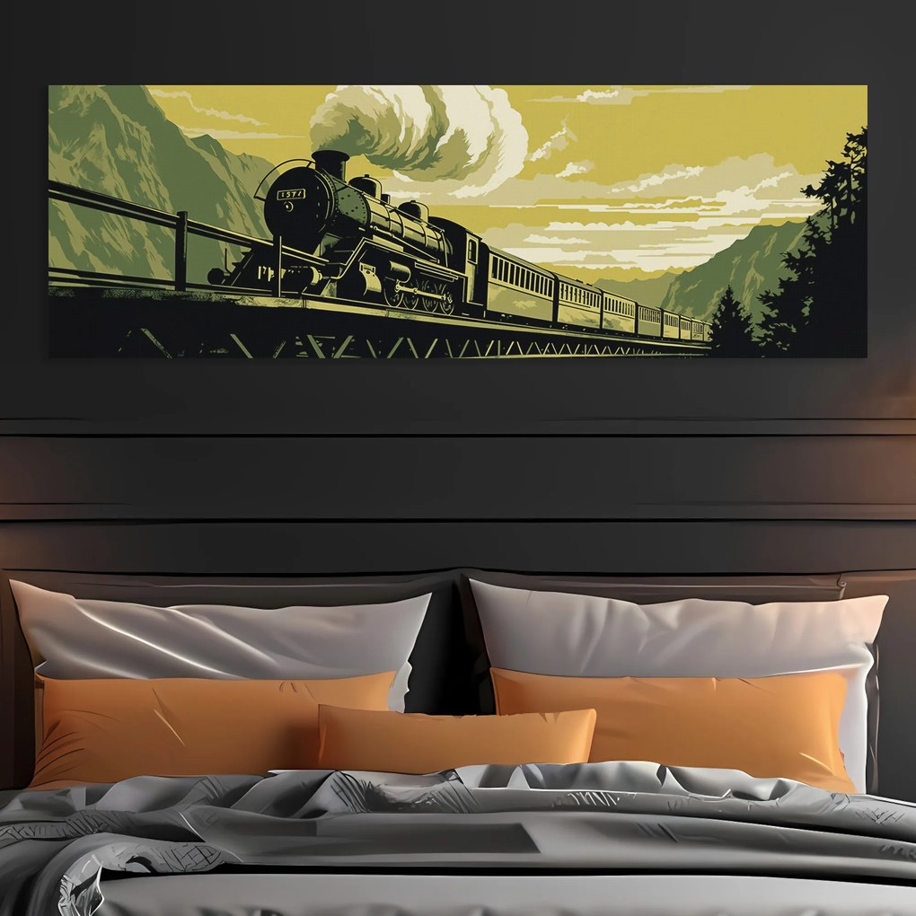 Obraz na plátně - Parní vlak v krajině zeleno-žlutý FeelHappy.cz Velikost obrazu: 180 x 60 cm