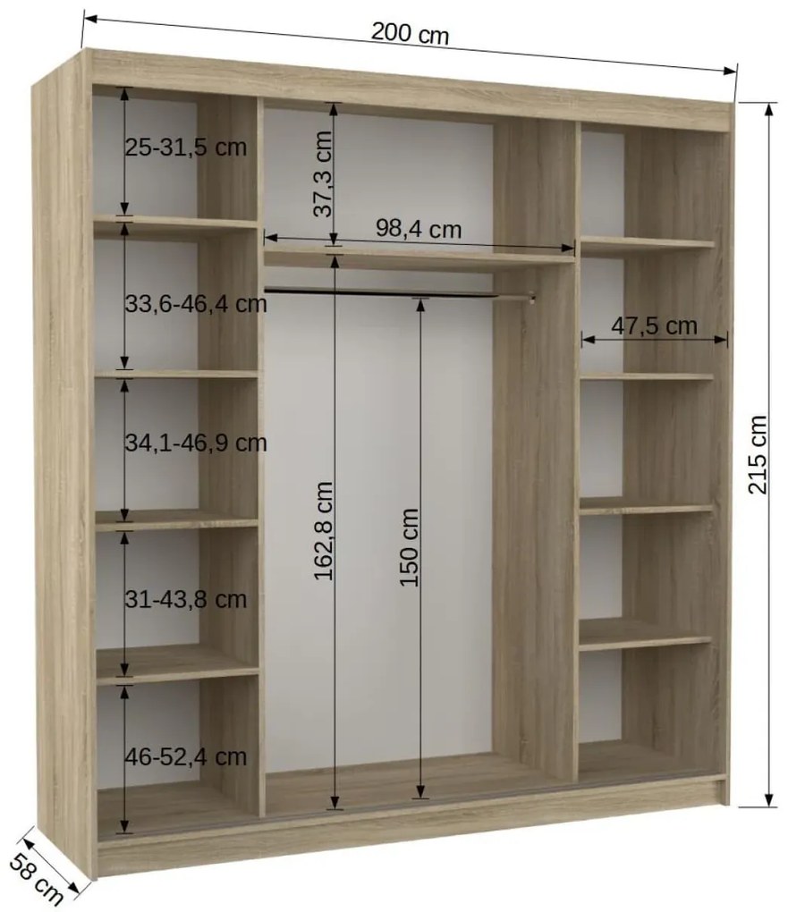 Šatní skříň s posuvnými dveřmi Spectra - 200 cm Barva: dub Sonoma/Bílá