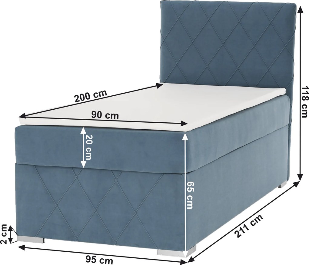 Boxspringová postel, jednolůžko, modrá, 90x200, pravá, PAXTON