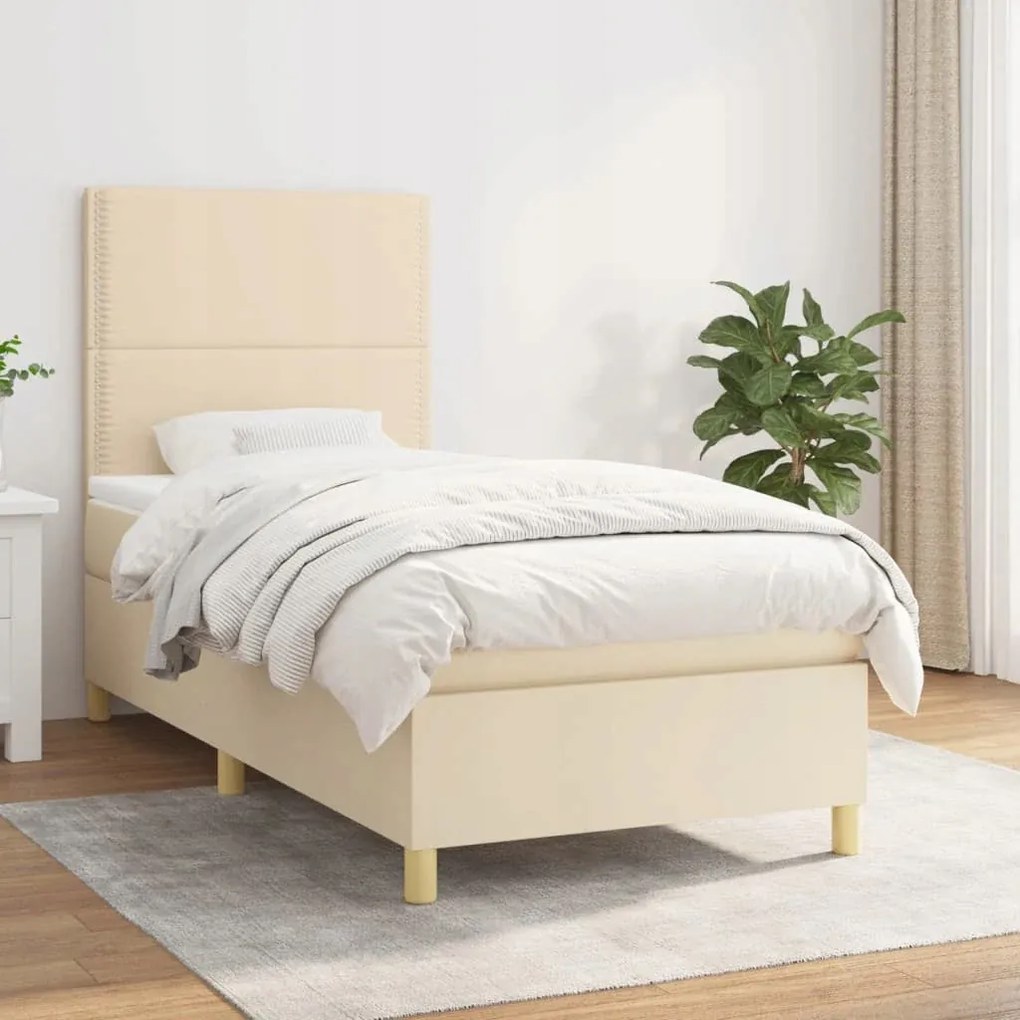 Box Spring Postel S Matrací Textil Krémová Hladké s hřebíky 100 x 200 cm