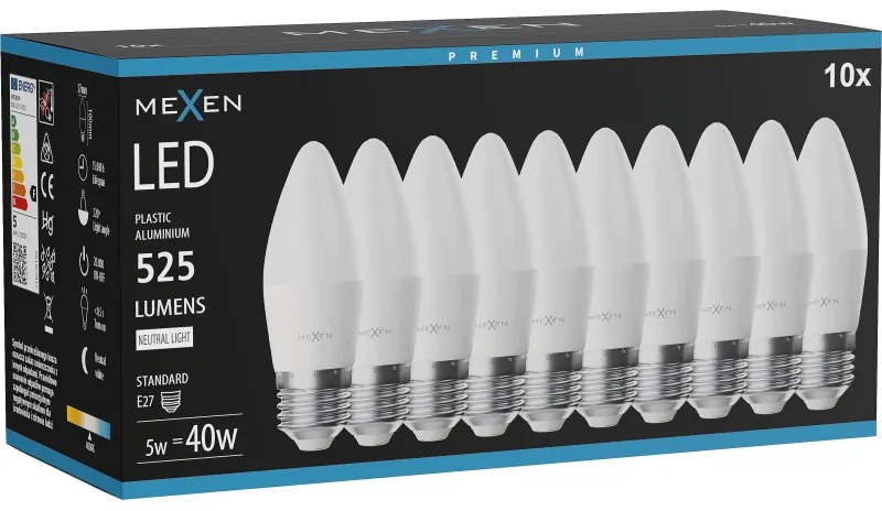 Mexen Nova 10x LED žárovka E27, C37, 5W, Neutrální - 4000K, 525 lm - L102-E27-0540-01x10