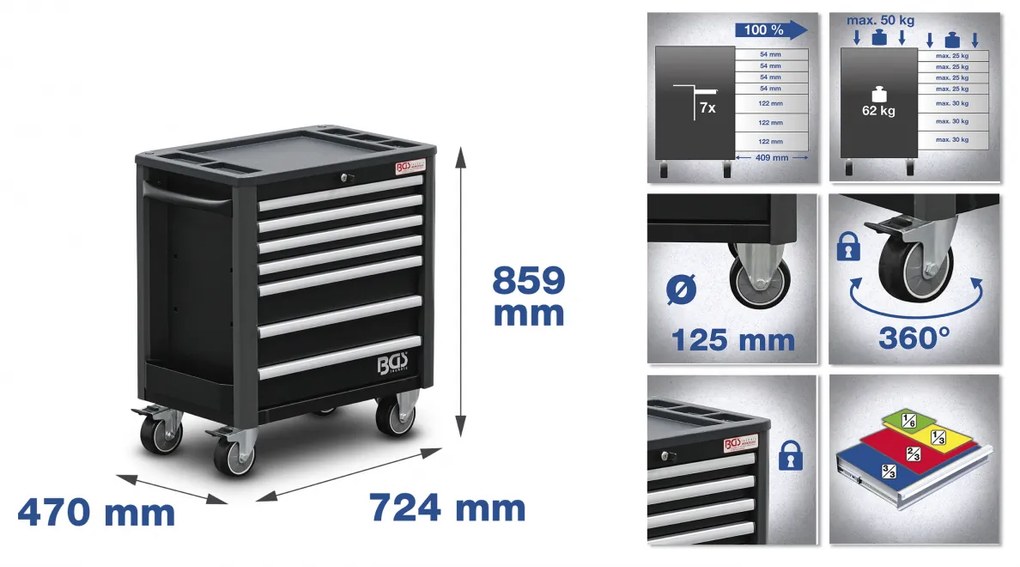 BGS 4140, Dílenský vozík | 7 zásuvek | velmi malá konstrukční výška | s 209 nástroji