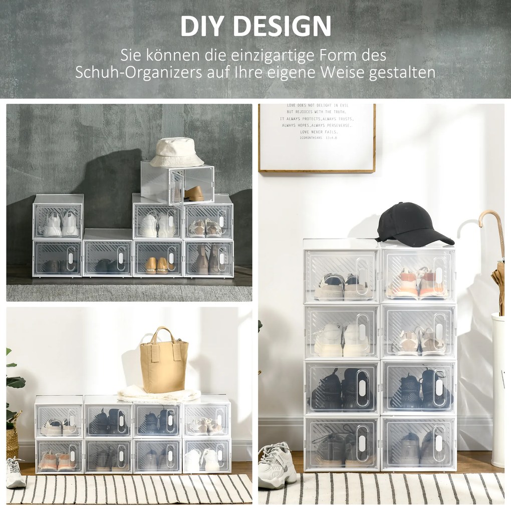 HOMCOM Botník DIY zásuvný s 8 přihrádkami, obdélníkový botník, plast, průhledný, 25x35x19cm| Aosom