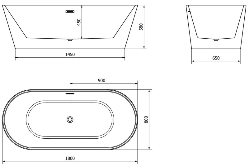 Mexen Luna, volně stojící vana 180 x 80 cm, bílá-černá, broušená ocel přepad, 52031808075-97