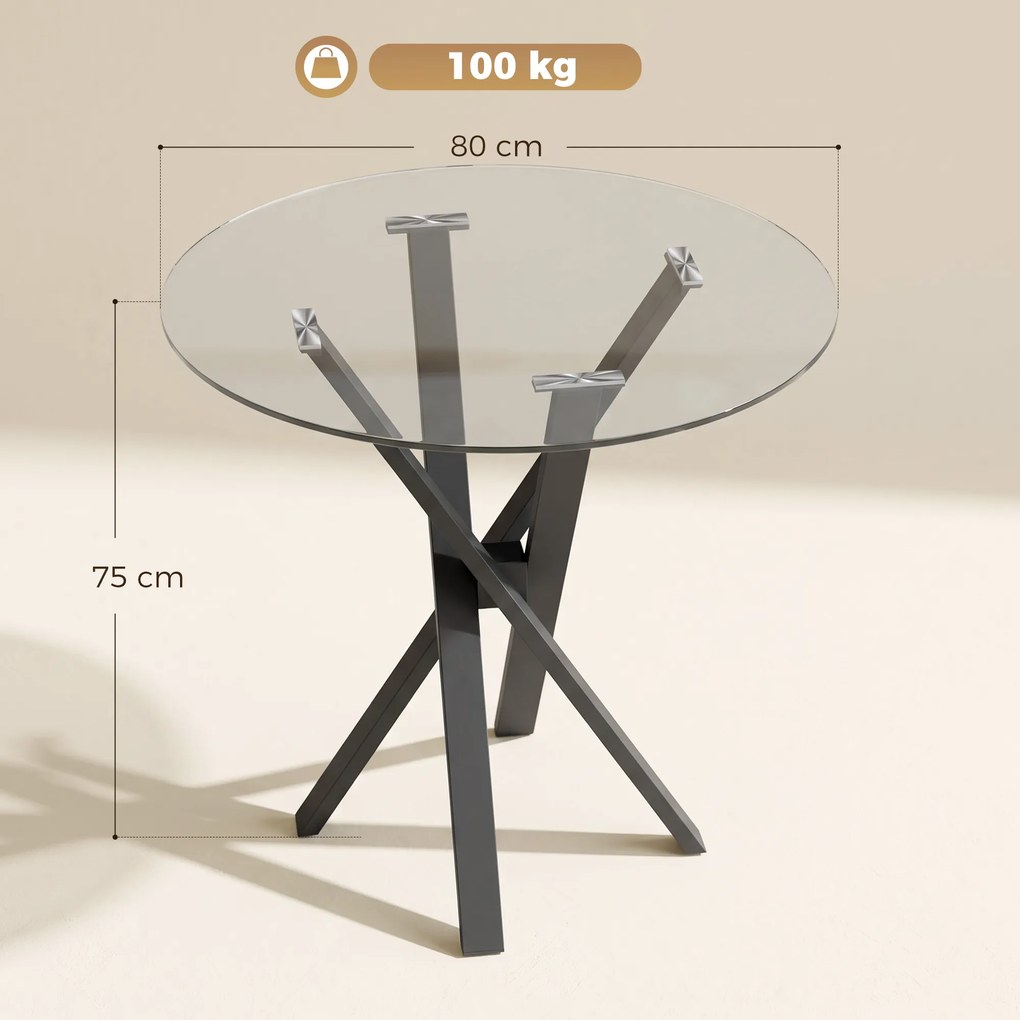 HOMCOM kulatý jídelní stůl pro 4 osoby, tvrzené sklo, Ø 80 cm