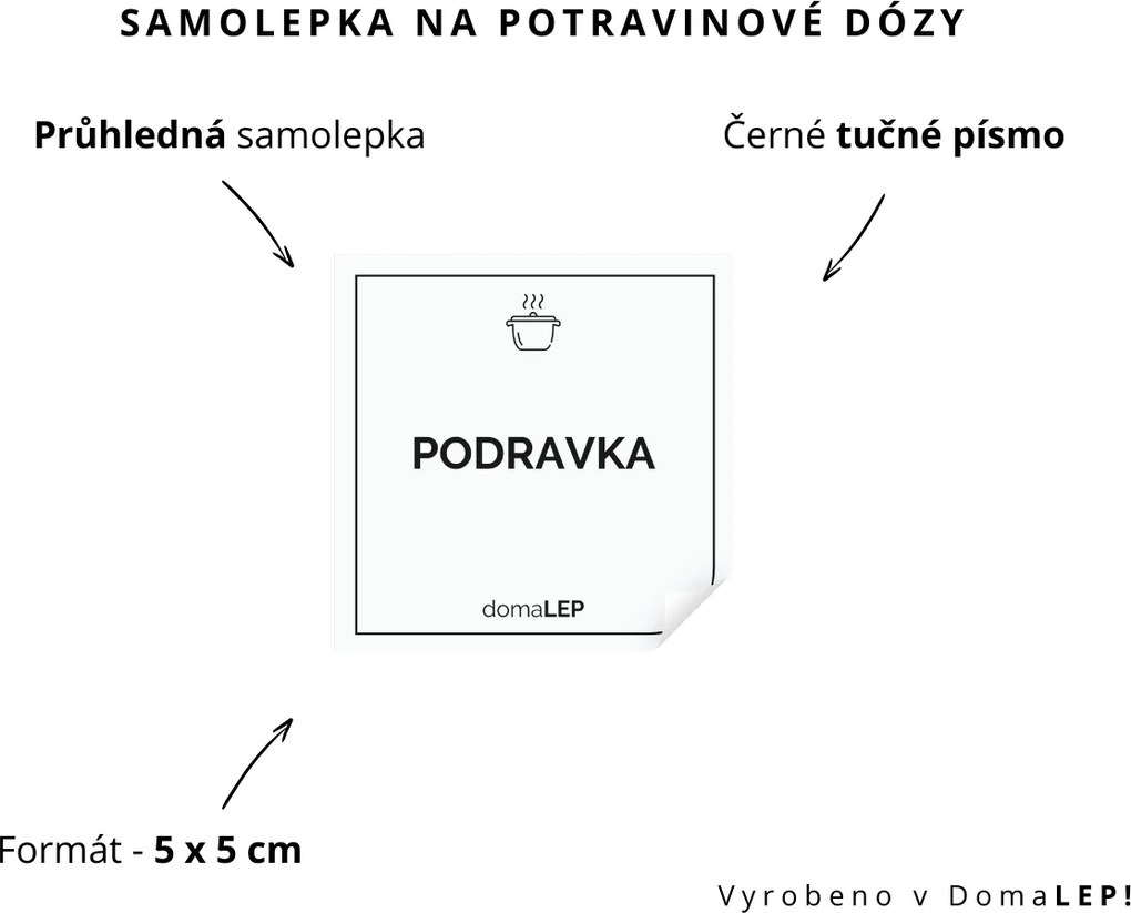 PODRAVKA - omyvatelná samolepka na dózu, výběr rozměrů Ø 5 cm / 5 x 5 cm / 6 x 8 cm | DomaLEP tvar: OBDÉLNÍK, barva: PRŮHLEDNÁ - ČERNÉ písmo, velikost: š. 6 cm x v. 8 cm - tučné písmo