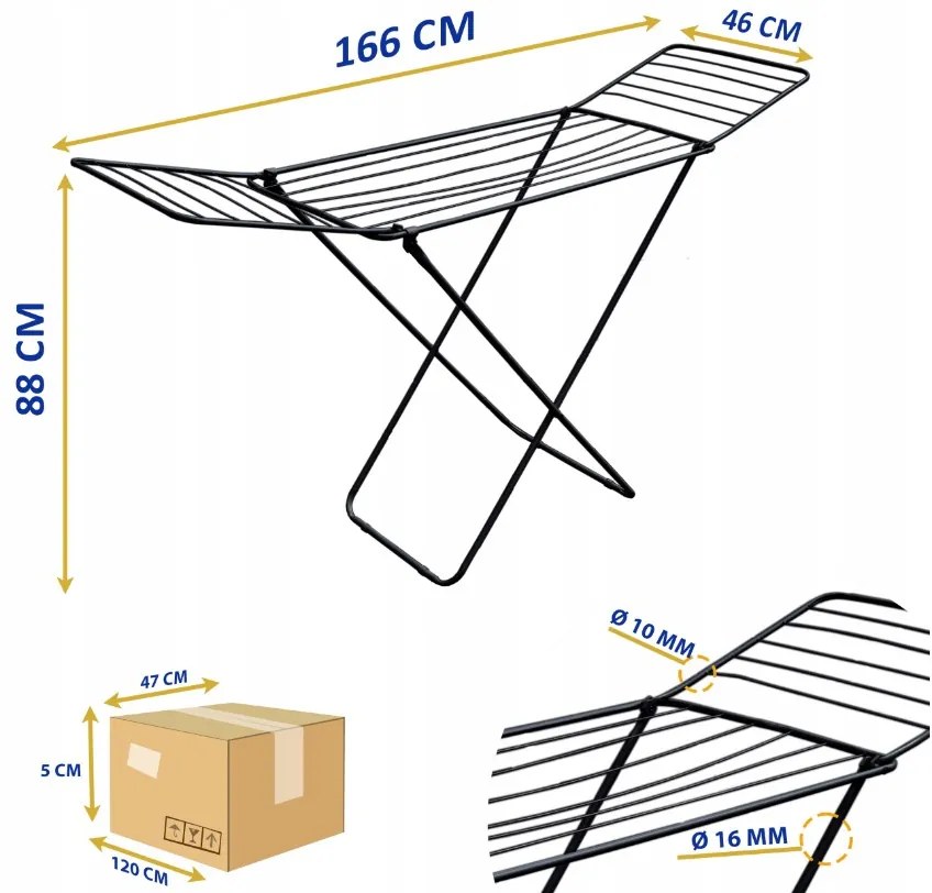 Erga Model TOP Black, sušák na prádlo 166x46x88 cm, černá, ERG-SEP-10SUSSTOBLA16