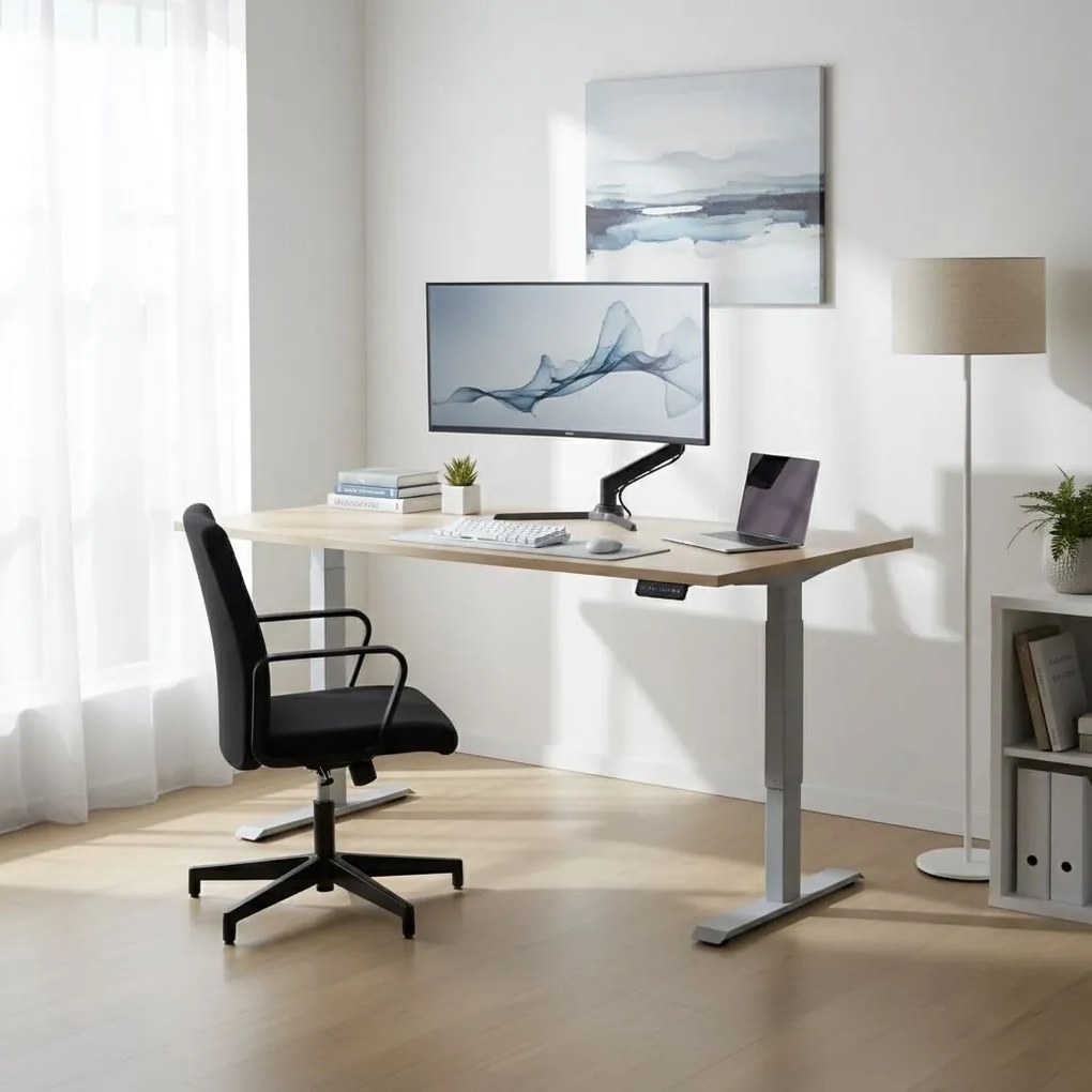 Výškově nastavitelný stůl OfficeTech D, 200 x 80 cm, šedá podnož, světle šedá