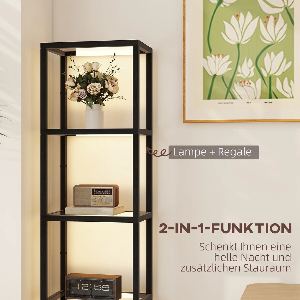 HOMCOM LED stojací lampa se 4stupňovou policí, světelná police se 4 skleněnými přihrádkami, nožní spínač, MDF, černá