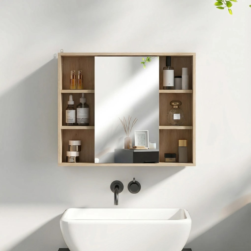 HOMCOM Závěsná zrcadlová skříňka do koupelny — 6 otevřených polic a zrcadlové dveře, přírodní dřevo, 60 × 14,5 × 49,4 cm (23,6 × 5,7 × 19,4 in)