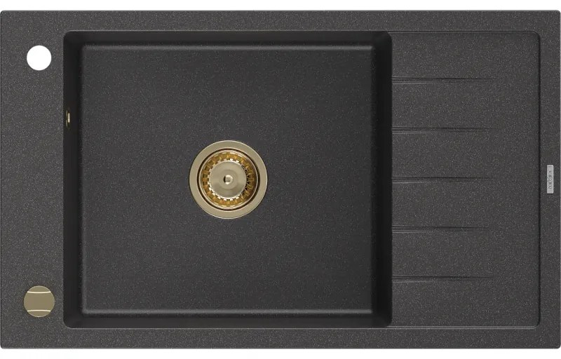 Mexen Elias 1-miskový granitový dřez s odkapávačem 795 x 480 mm, Skvrnitá černá, sifon Zlatá - 6511791005-76-G