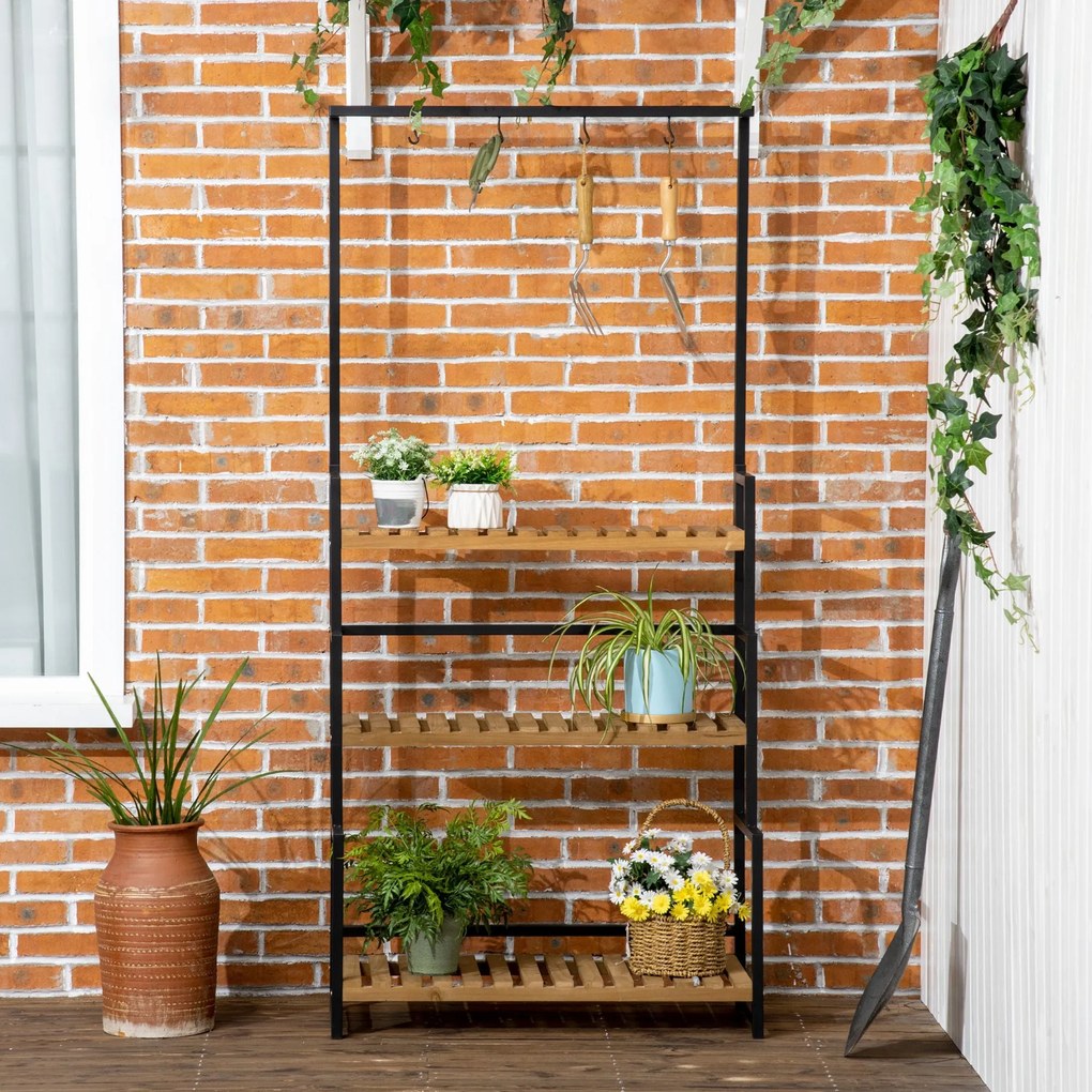 Outsunny Třípatrový rostlinný stojan Žebřík na květiny z kovu a masivního dřeva se závěsnými háčky do zahrady Černá+Přírodní
