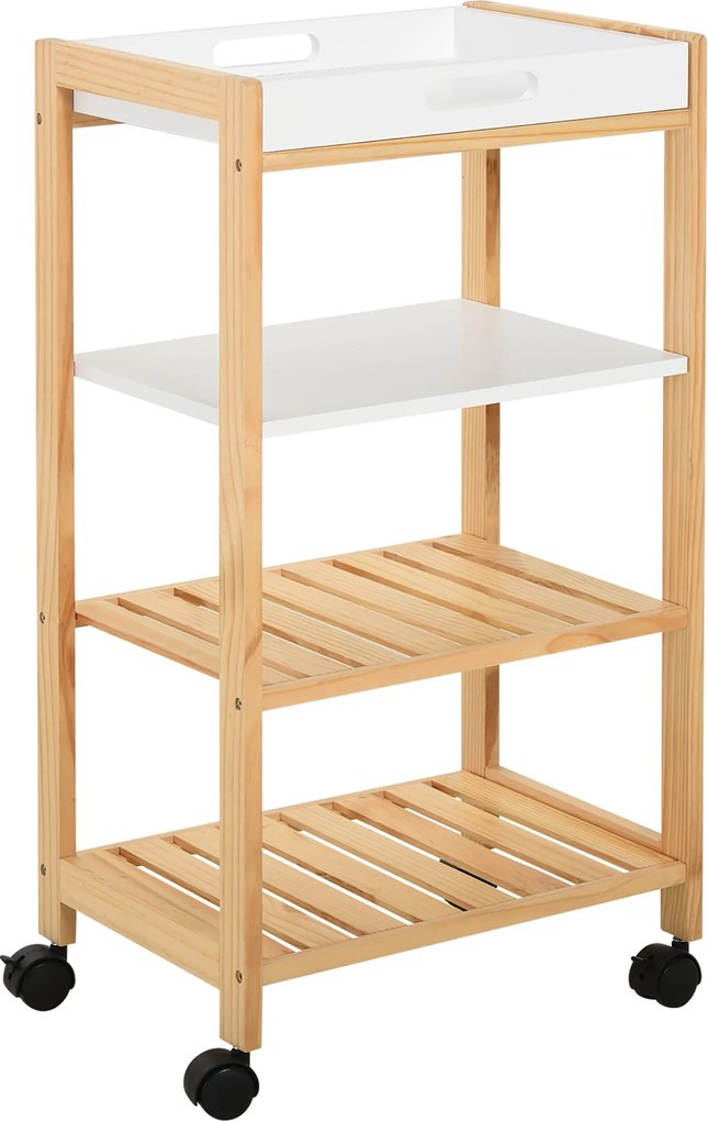 HOMCOM Kuchyňský vozík Služební vozík 4 úrovně s vyjímatelným tácem Univerzální kolečka 40x30x76 cm Bílý dřevěný | Aosom