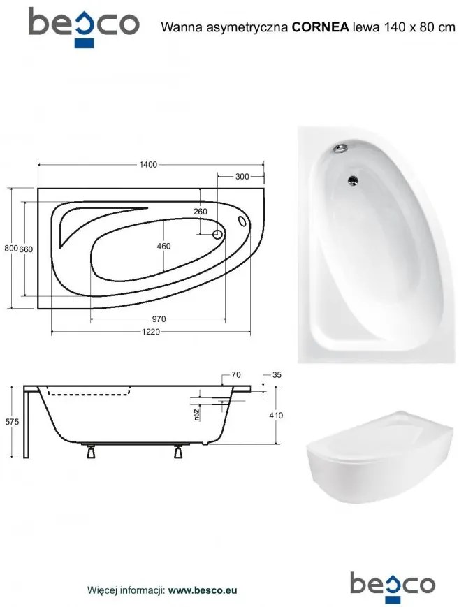 BESCO Asymetrická vana CORNEA Nožičky k vaně - S nožičkami, Rozměr vany - 140 × 80 cm, Způsob provedení - Levé VANCOR140L+OLVPINOZ