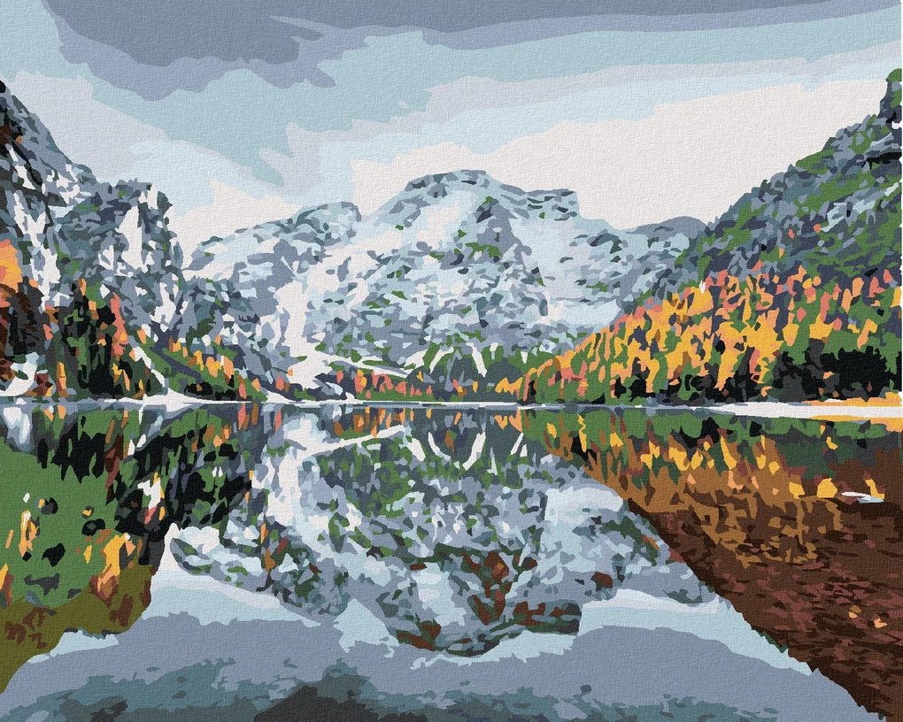 zuty malování podle čísel - první sníh na braies lake, 40x50 cm, bez rámu a bez vypnutí plátna