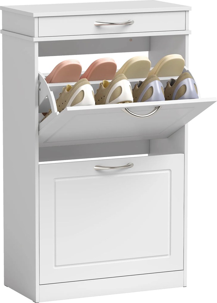 HOMCOM botník pro 8 párů — úzká skříňka do předsíně se zásuvkou a výklopnými dvířky, 53 × 26,5 × 89 cm, bílá | Aosom