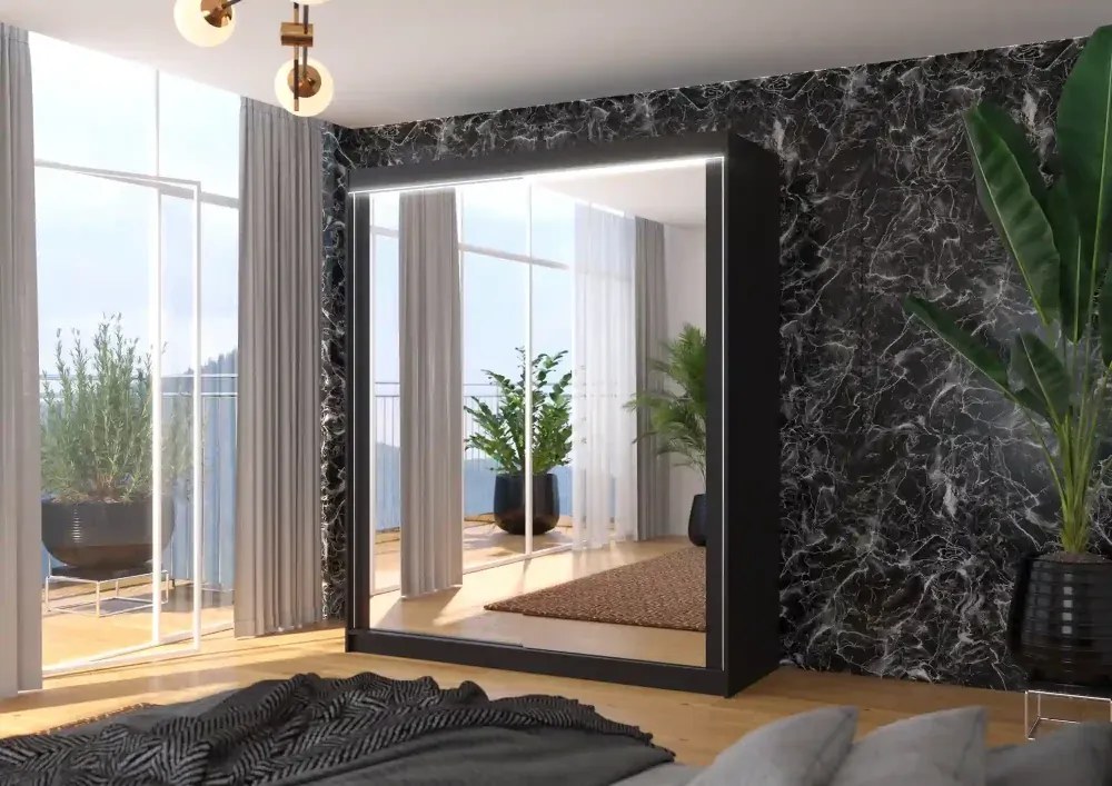 Posuvná skříň se zrcadlem a LED osvětlením MORGAN 180 černá