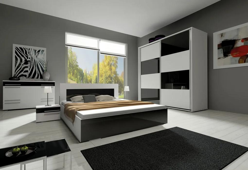 Ložnicová sestava HAVANA II (2x noční stolek, komoda, skříň 240, postel 140x200), bílá/černá lesk