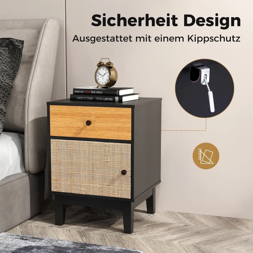 Costway Ratanový noční stolek se zásuvkou a skříňkou v boho stylu, černý
