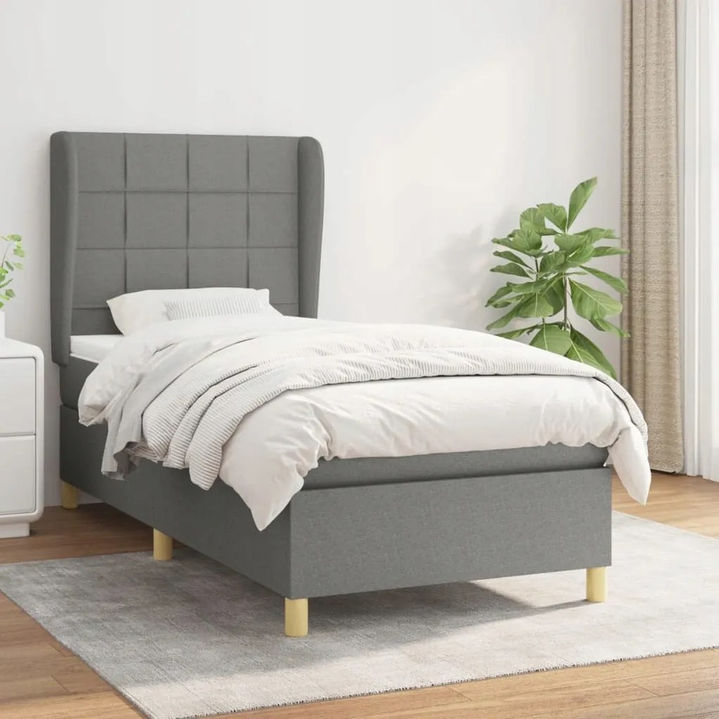 Box Spring Postel S Matrací Textil Tmavě Šedá Blok se čtverci 90 x 190 cm