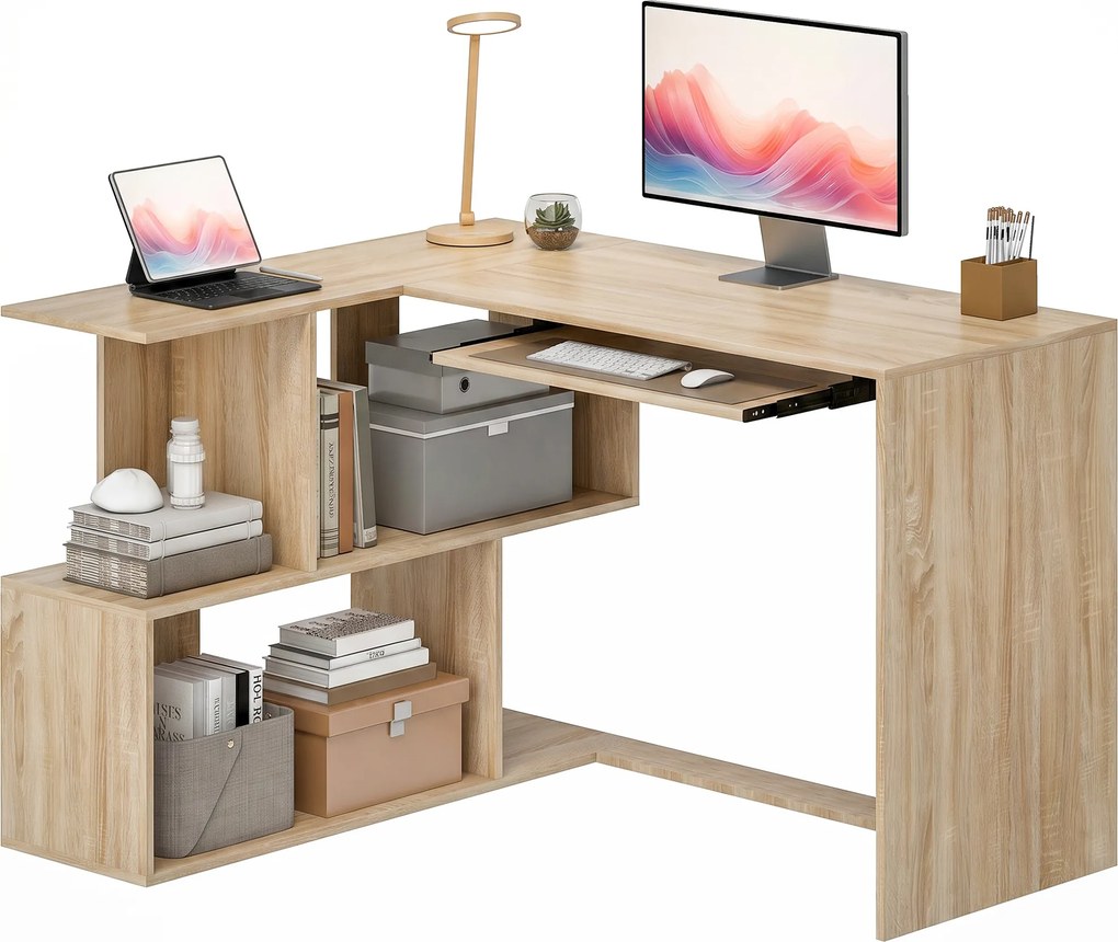 HOMCOM rohový stůl, 120 x 100 x 76 cm, L‑tvar psací stůl s výsuvem na klávesnici, 4 otevřené přihrádky, přírodní
