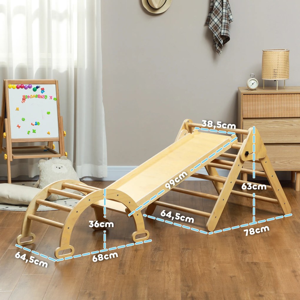 AIYAPLAY 5 v 1 skládací dřevěný lezecí trojúhelník s obloukovým lezeckým prvkem pro děti, 178 x 64,5 x 63 cm, přírodní dřevo
