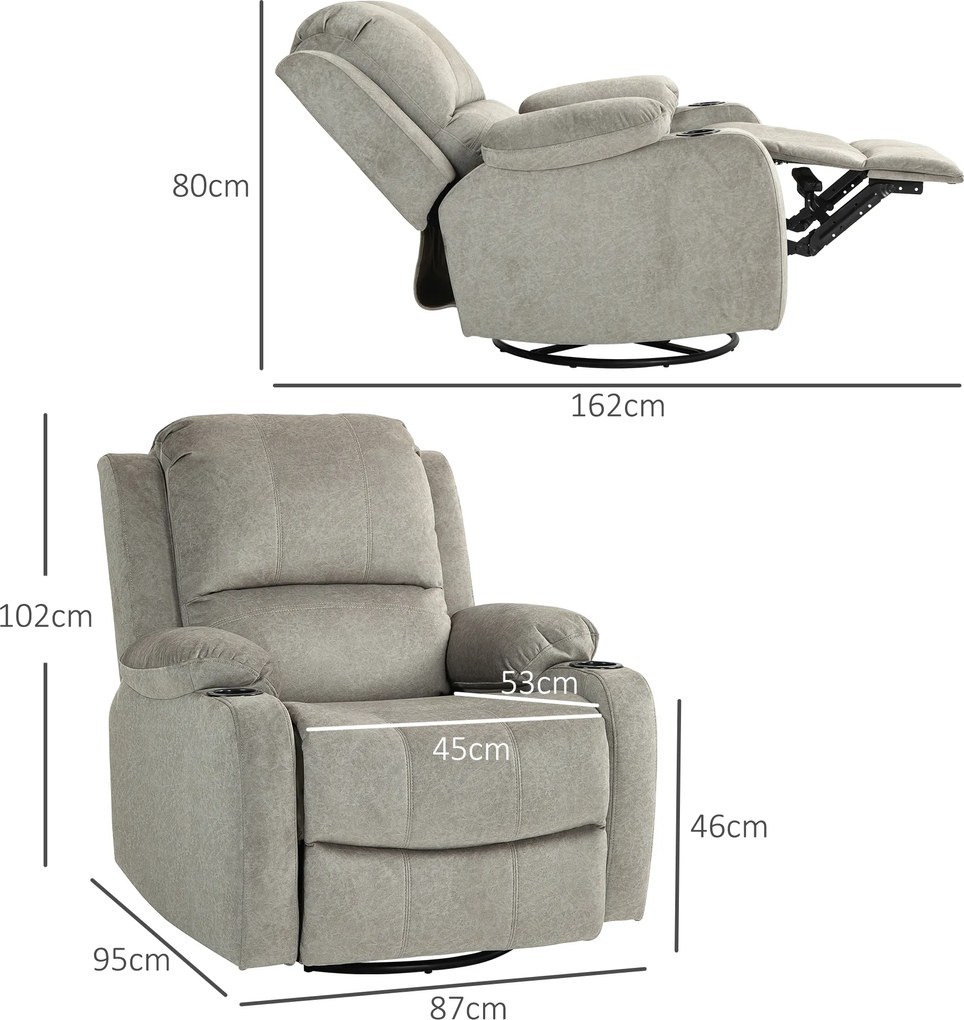 HOMCOM TV křeslo s funkcí polohování, otočné o 360°, houpací funkce, s pružinovým jádrem, podnožka, držák na nápoje, 87L x 95W x 102H cm, hnědé| Aosom
