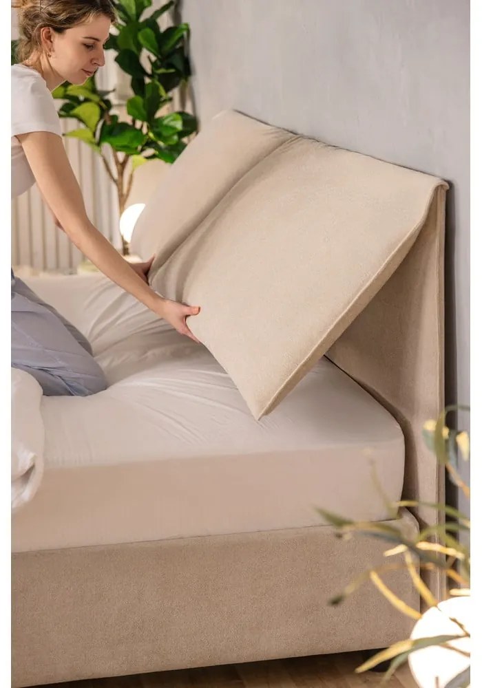 Béžová čalouněná dvoulůžková postel s úložným prostorem s roštem 160x200 cm Thessa Pillow - II. jakost – Bonami Selection