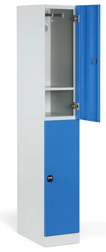 Šatní skříňka S1 s úložnými boxy, 2 boxy, 1850 x 300 x 500 mm, demont, RFID zámek, tmavě šedé dveře