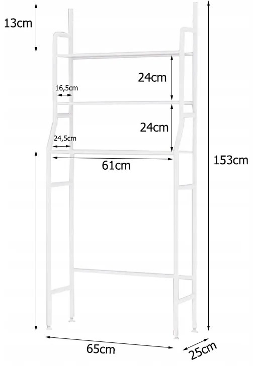 VERK GROUP Koupelnový regál nad pračku se 3 policemi, bílý, 153 x 65 x 25 cm