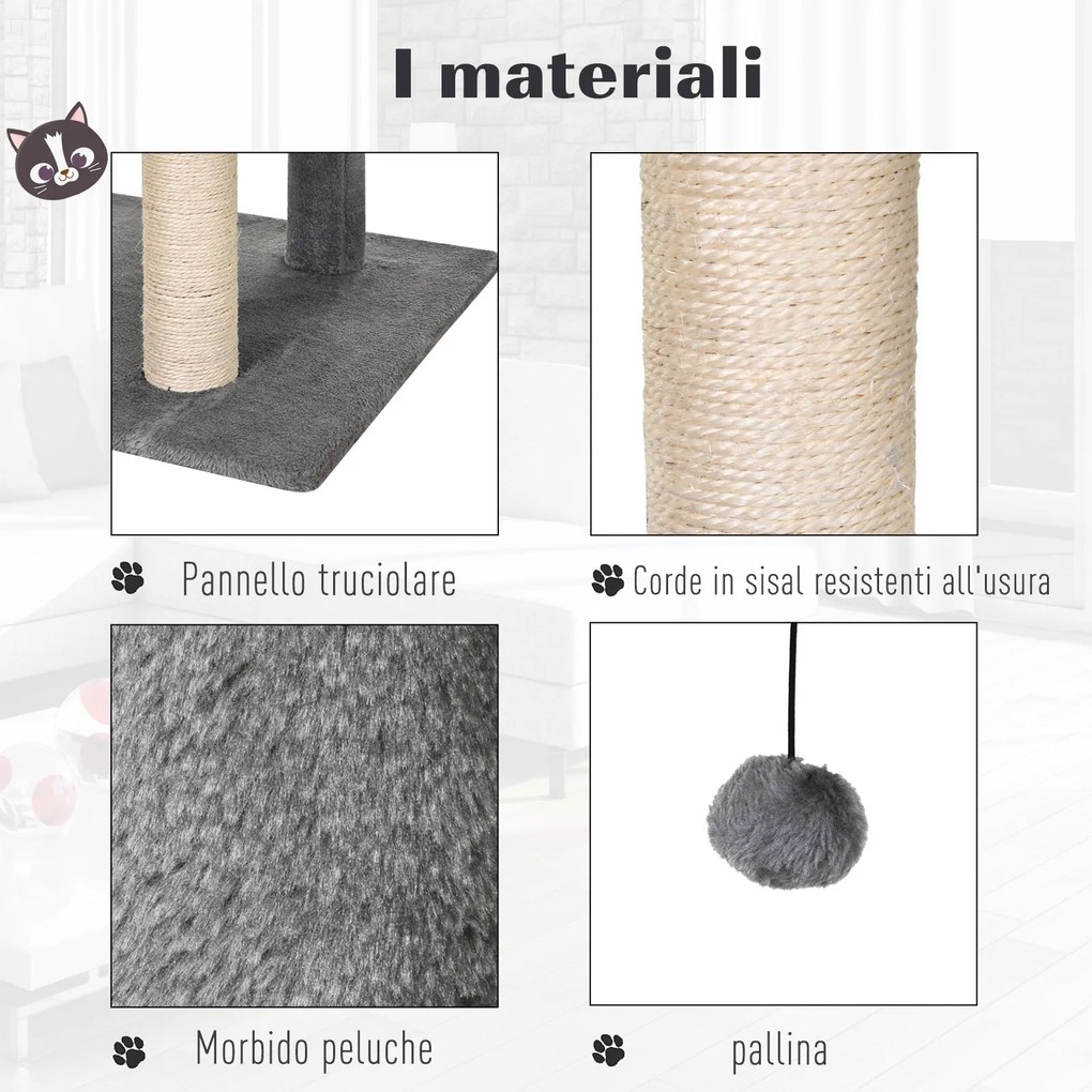 PawHut Škrábací strom s útulnou boudou, závěsnou postelí a 2 měkkými platformami v šedé barvě a sisalovém provazu 60x49x130cm