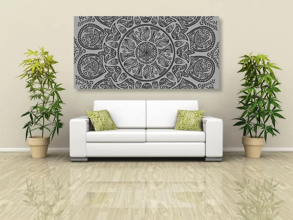Obraz Mandala s abstraktním přírodním vzorem v černobílém provedení - 120x60 cm