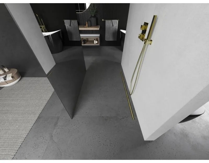 Mexen Kioto, sprchová zástěna Walk-In 100 x 200 cm, 8mm sklo vzor zrcadlo, zlatý matný profil, 800-100-002-55-50