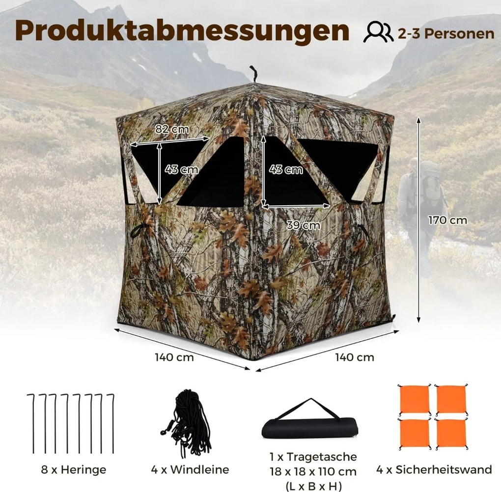 Costway Hunting Blind 2-Person Pozemní stan s tichým posuvným oknem Přenosný