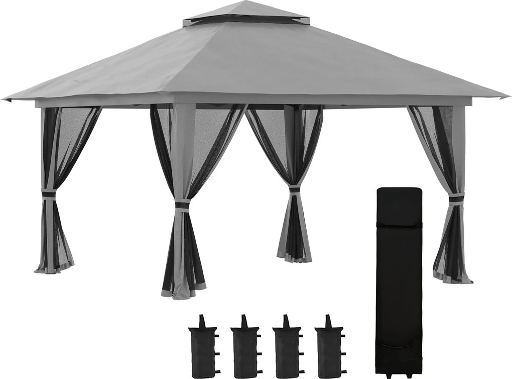 Outsunny Pavilon 4x4m Stabilní Zimní Pop-up Zahradní Pavilon s Dvoum Plochou Střechou, UV Ochrana 50+ Party Stan s 4 Bočními Zdmi a Pytli s Pískem pro