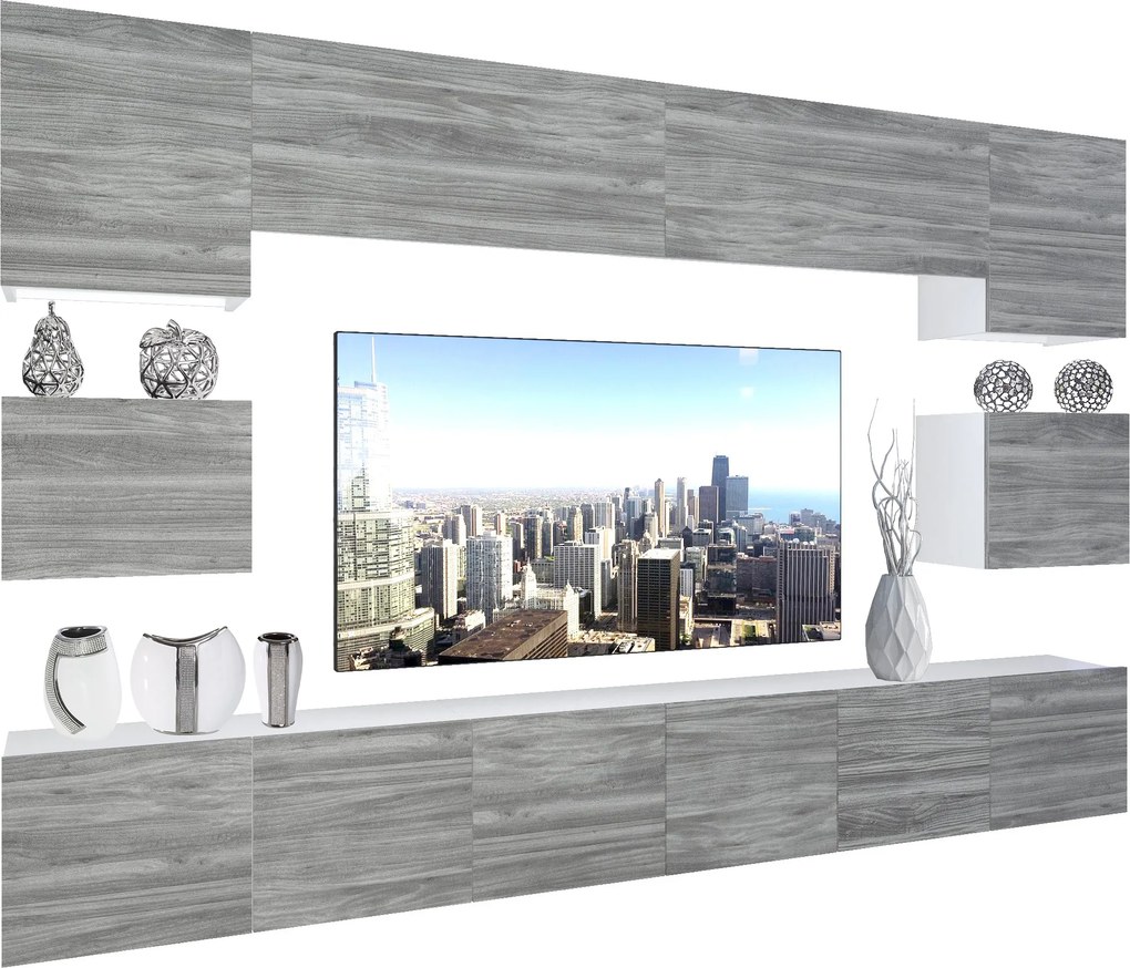 Obývací stěna Belini Premium Full Version  šedý antracit Glamour Wood+ LED osvětlení Nexum 49  NEX 3/0/W/GW1/0/0/PP