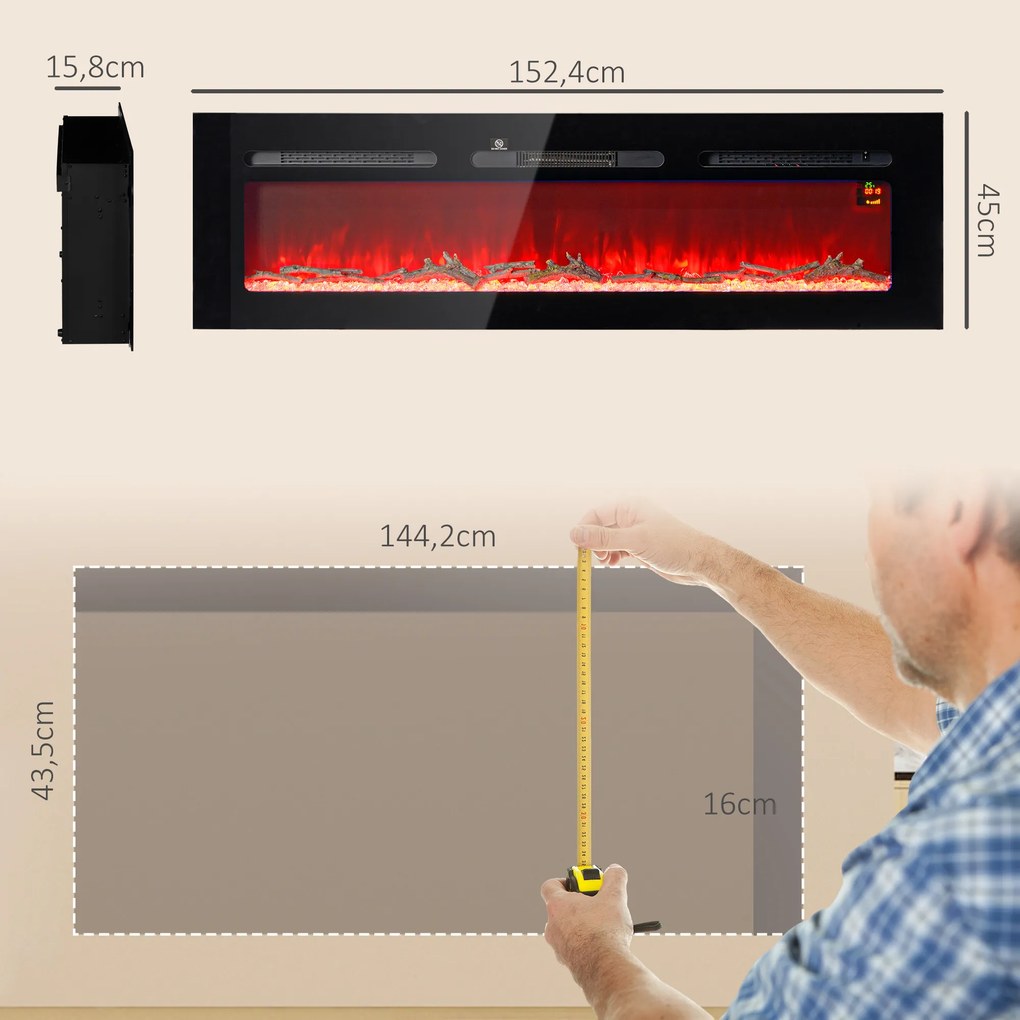 HOMCOM Elektrický krb s nástěnným držákem a dálkovým ovládáním, umělé polena a krystaly, výkon 1800W, černá 820-422V93BK