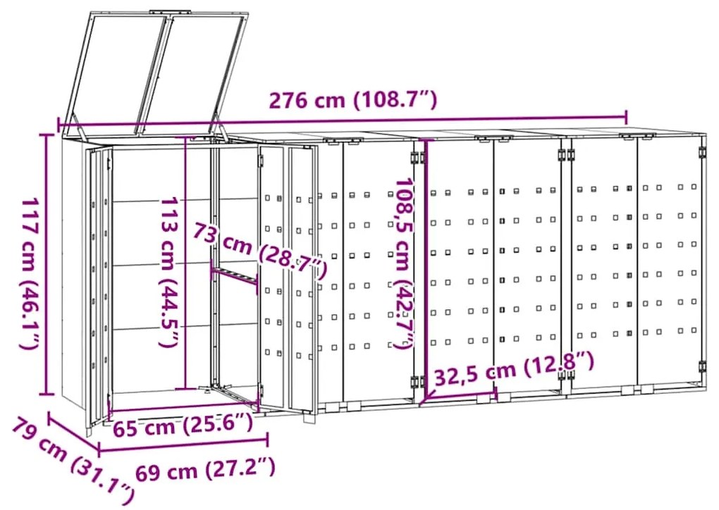 vidaXL Box na 4 popelnice černý 276 x 79 x 117 cm ocel