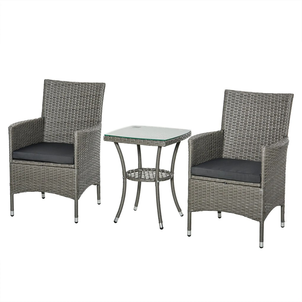 Souprava zahradního nábytku Outsunny Poly Rattan, venkovní lounge nábytek na balkon pro 2 osoby, 3-dílná sedací souprava, 2 křesla, stůl a polstry, za