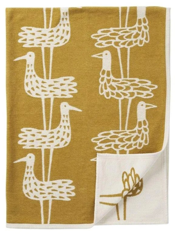 Bavlněná deka chenille Shore birds mustard 140x180, Klippan Švédsko Hořčicová