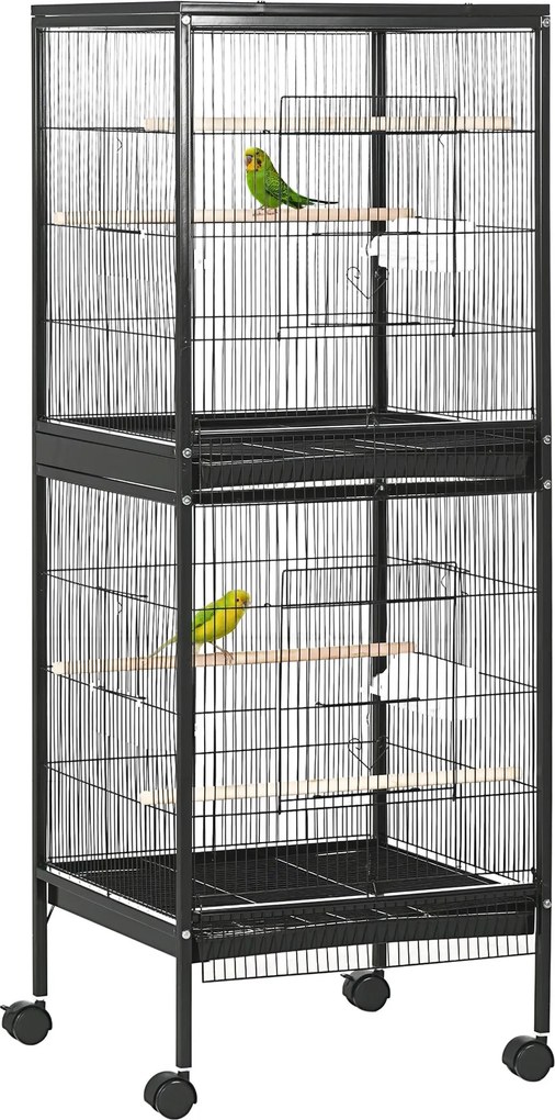 Ptačí klec PawHut na kolečkách Velká dvoupatrová voliéra s vyjímatelnými zásobníky, krmítky a bidly pro kanáry aandnbsp;and budgie 51.5x50x140 cm Čer…