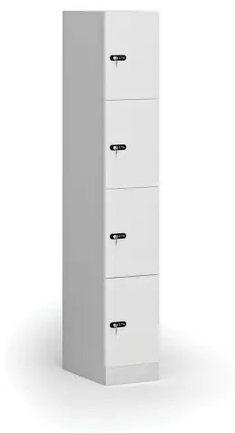 Šatní skříňka s úložnými boxy, 4 boxy, 1850 x 300 x 500 mm, mechanický kódový zámek, laminované dveře, bílá