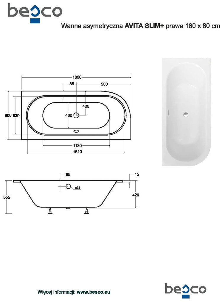 BESCO Asymetrická vana AVITA SLIM+ Nožičky k vaně - S nožičkami, Rozměr vany - 180 × 80 cm, Způsob provedení - Pravé - VANAVIT18SLIMPP+OLVPINOZSTELWD