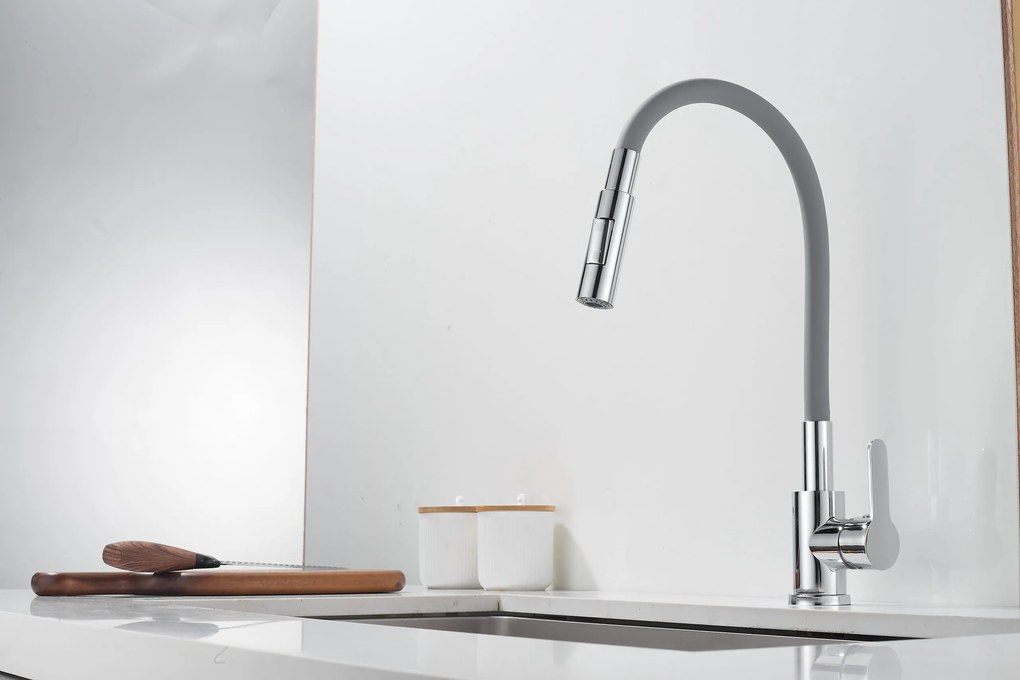 Gamma Flex 4000, stojánková dřezová baterie s flexibilním ramenem, 2-funkční výtok, šedá-chrom, GMA-BFX-4000G