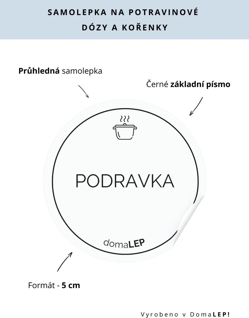 PODRAVKA – průhledná samolepka na dózu, základní písmo, 5 cm | DomaLEP