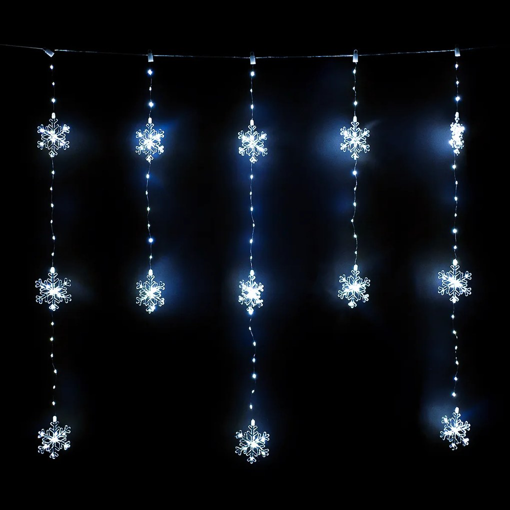 Světelný venkovní závěs Snowflakes, 120x120cm, LED, studená bílá, časovač, 8 funkcí, na baterie, 120 cm